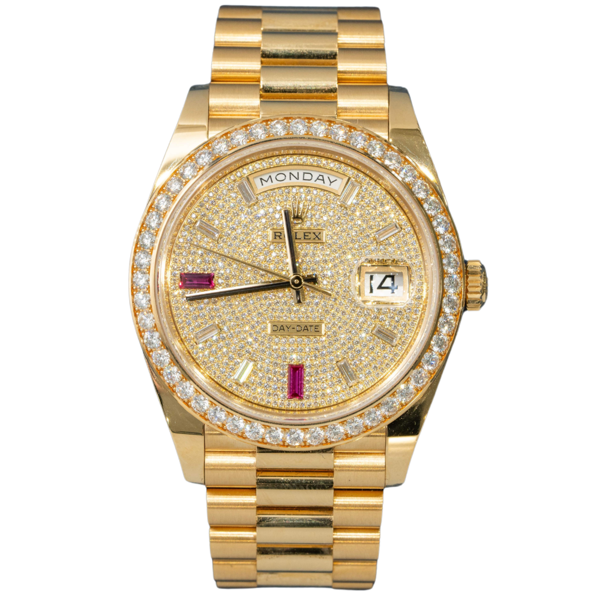 Rolex Day Date Ref. 118348RBR Yellow Gold Pave Dial Ruby Markers – TPT ...